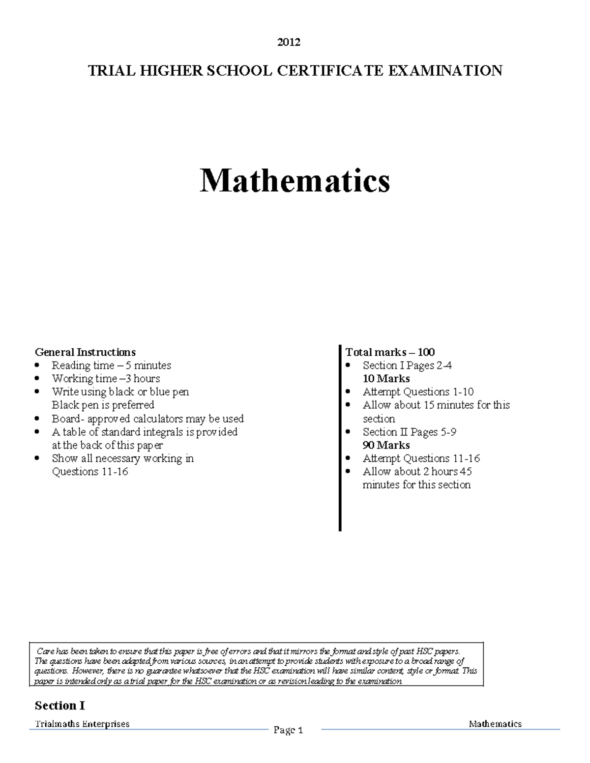 2012 Trialmaths Trial - 2012 TRIAL HIGHER SCHOOL CERTIFICATE ...