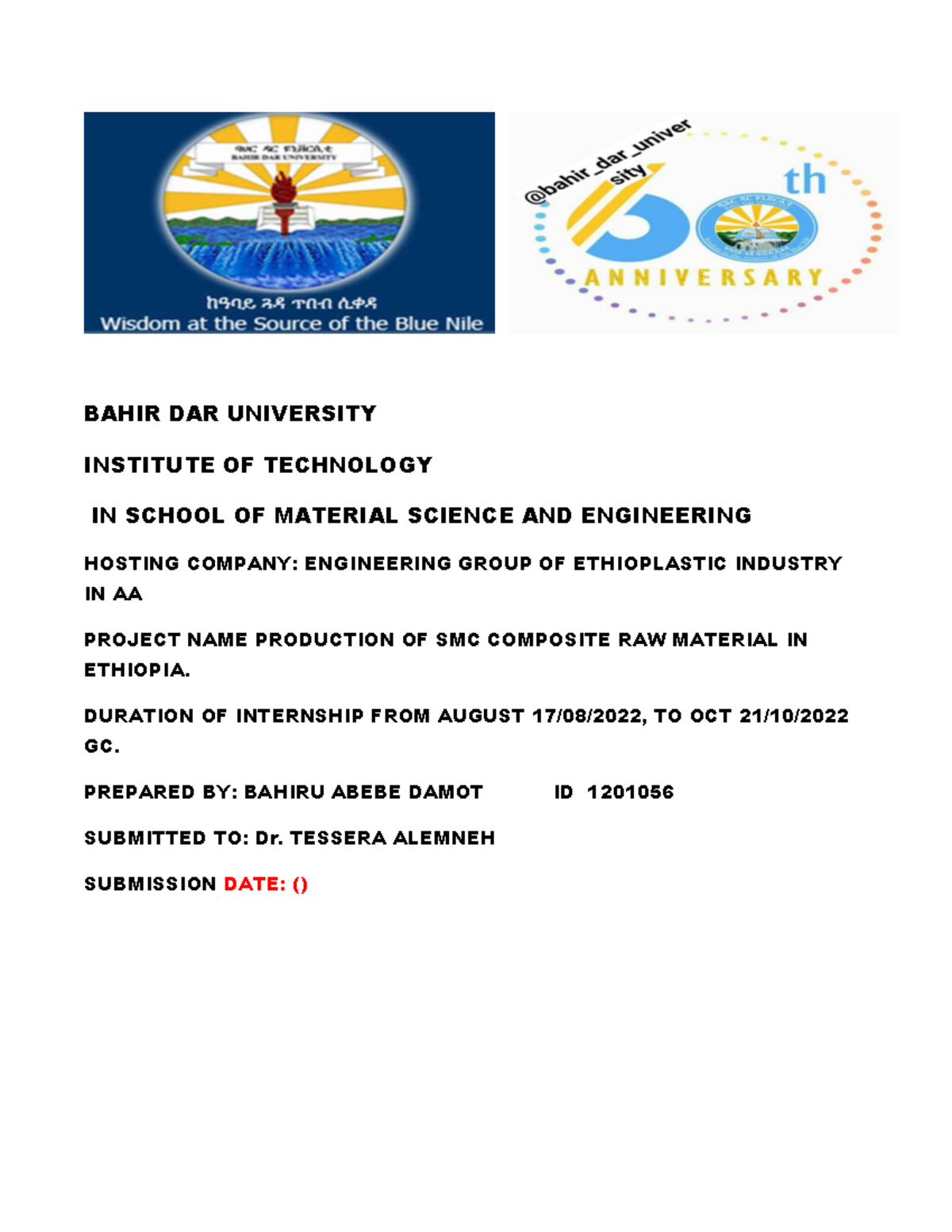 Bahir DAR University 1 - tensile test - BAHIR DAR UNIVERSITY INSTITUTE ...