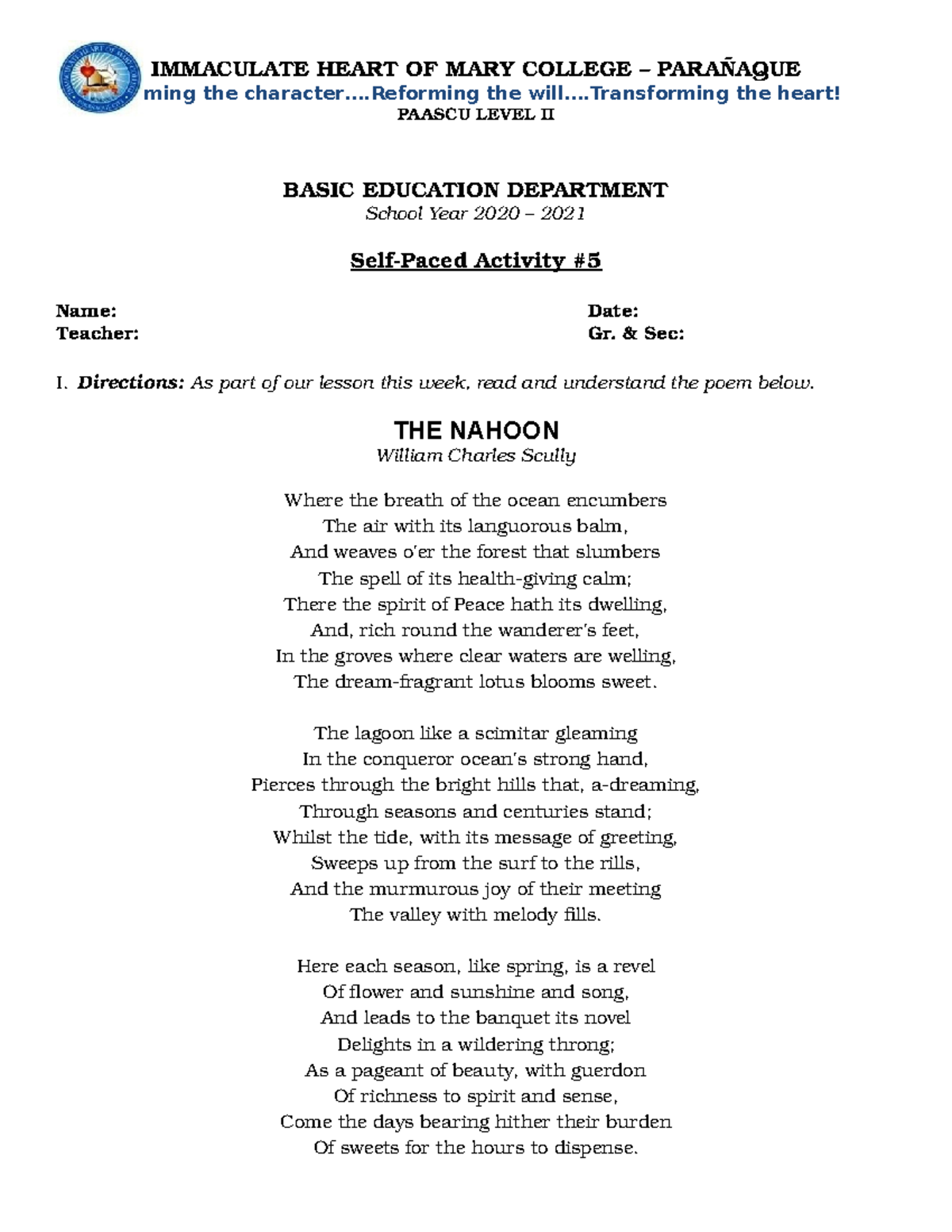 English for Grade 8 - Self-Paced Activity 5 - IMMACULATE HEART OF MARY ...