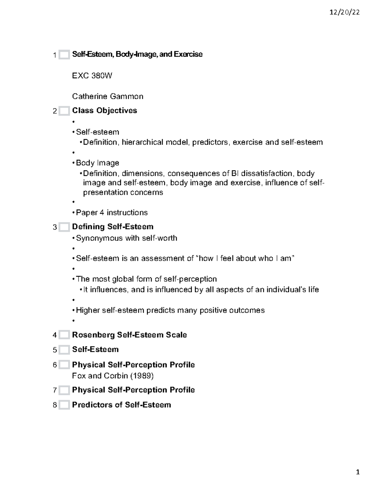 Self Esteem Body Image% Exercise - 12/20/ 1 Self-Esteem, Body-Image ...