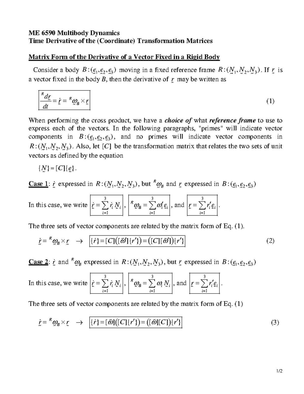 Me659Transformation Matrix Derivative - 1/ ME 6590 Multibody Dynamics ...