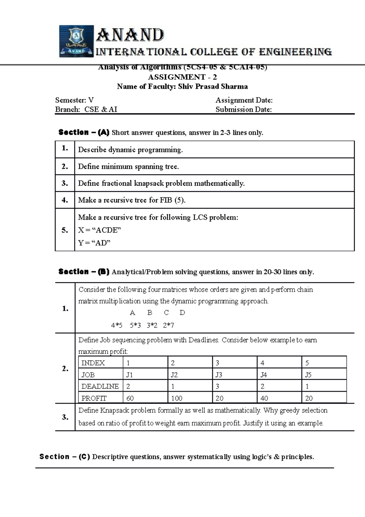 AA Assignment-2 - It’s a practice question for dsa - Analysis of Algorithms (5CS4-05 & 5CAI4-05 ...