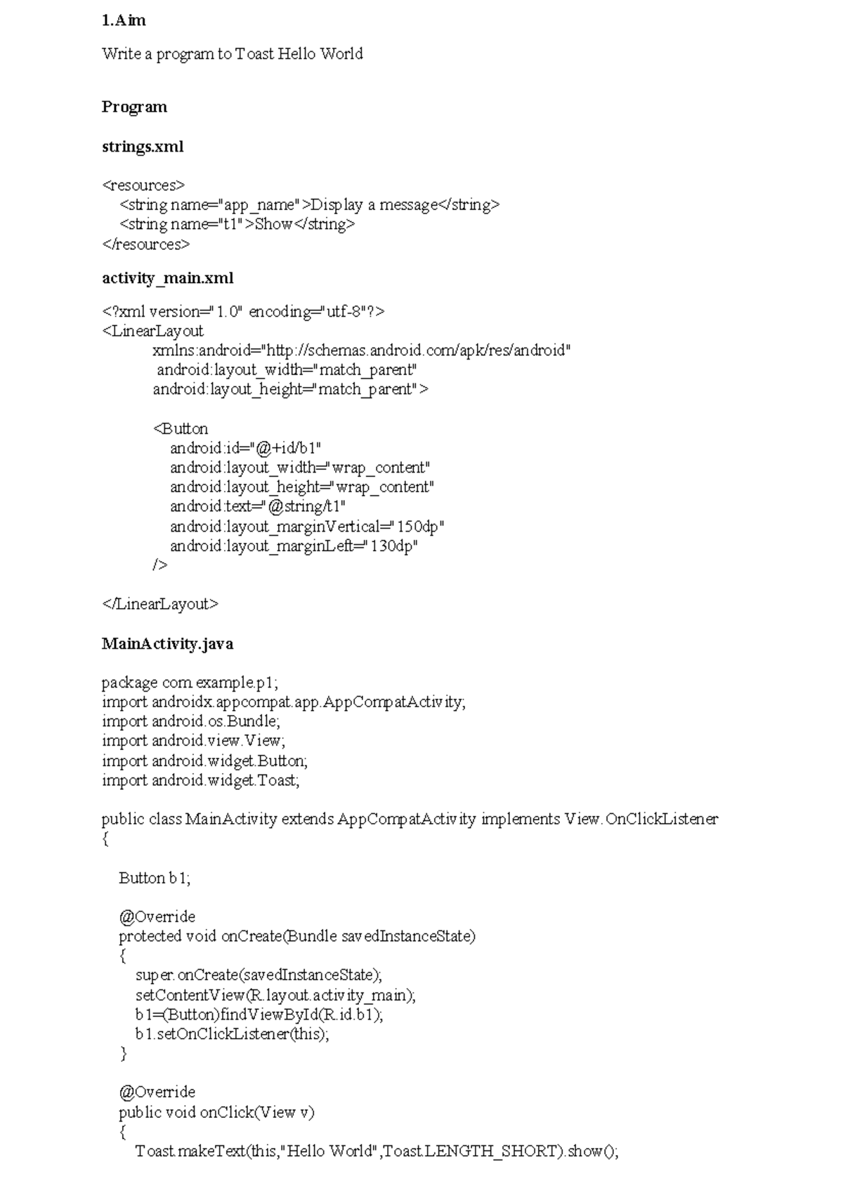 Android programs 15 - 1 Write a program to Toast Hello World Program ...