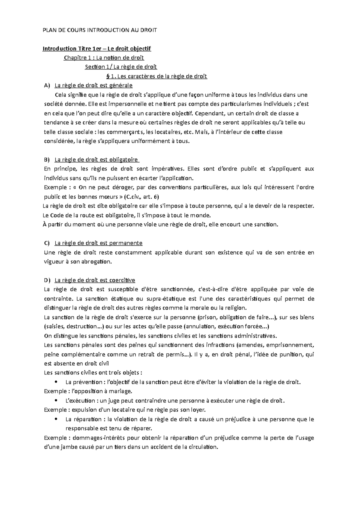PLAN DE Cours Introduction AU Droit - PLAN DE COURS INTRODUCTION AU DROIT Introduction Titre 1er ...