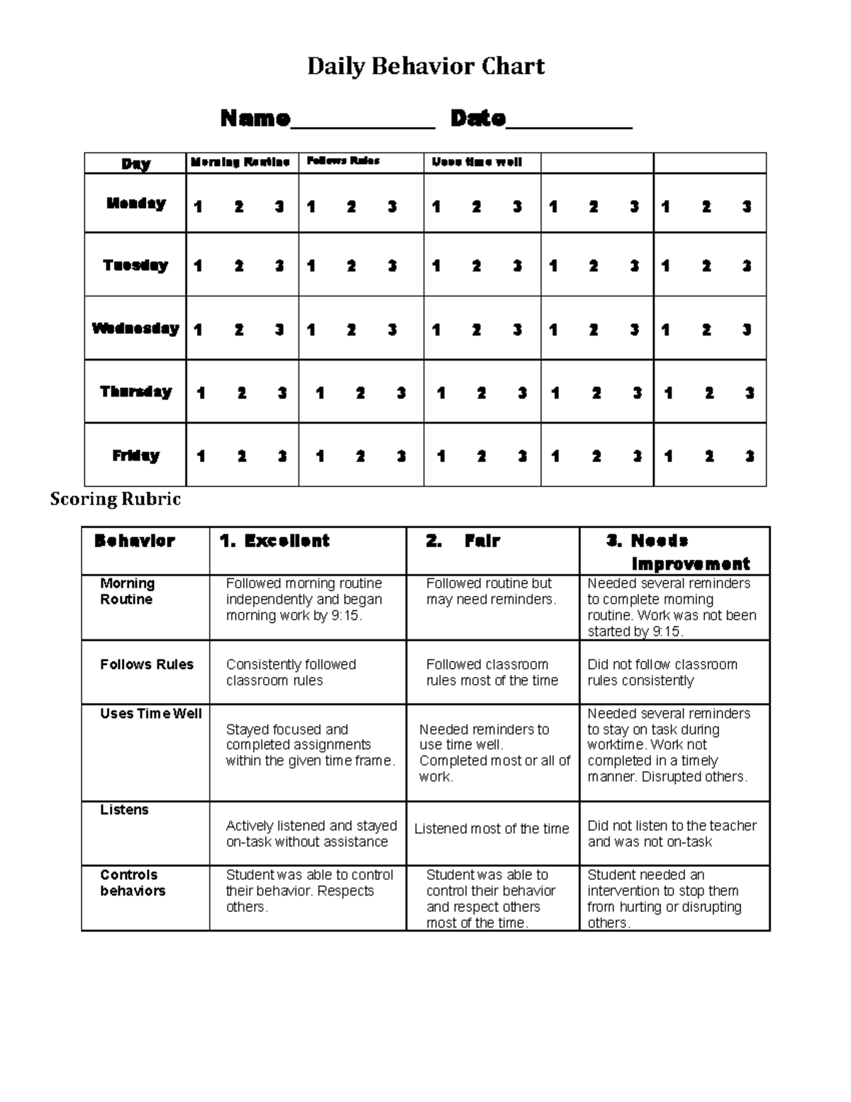 Daily student tracking form - Daily Behavior Chart Name ...