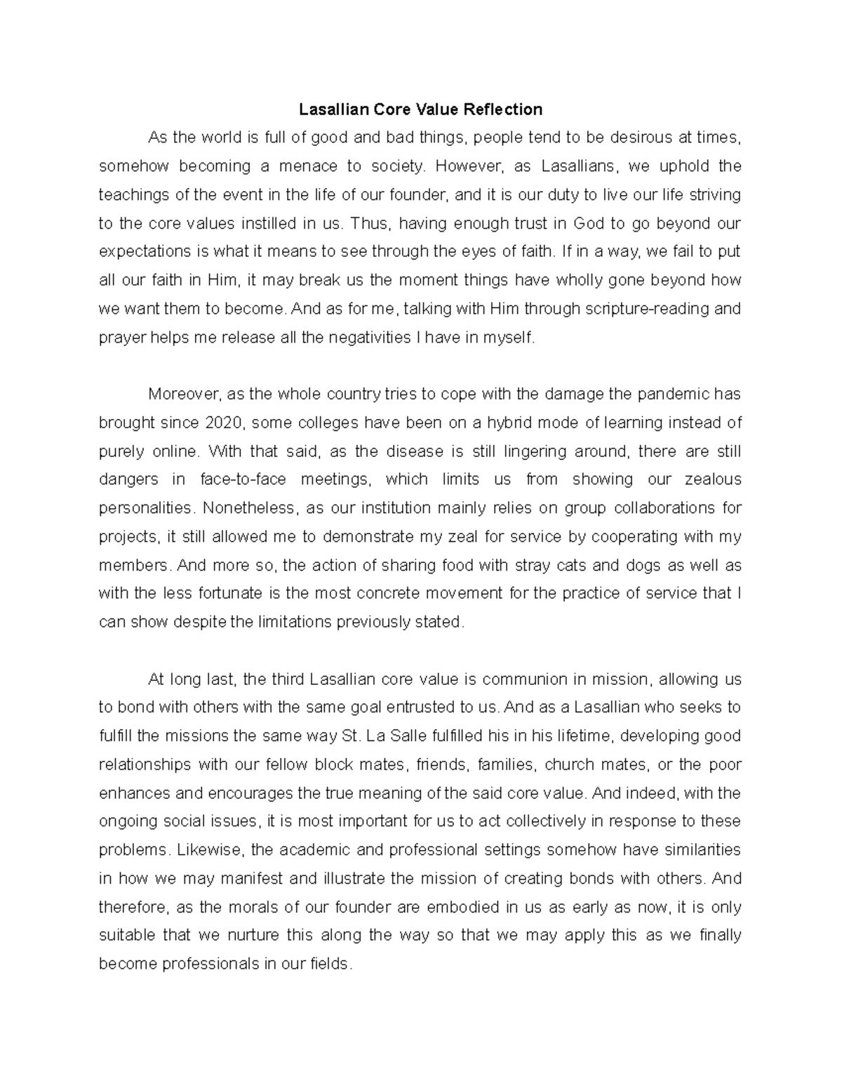 Lasallian Core Value Reflection - However, as Lasallians, we uphold the ...