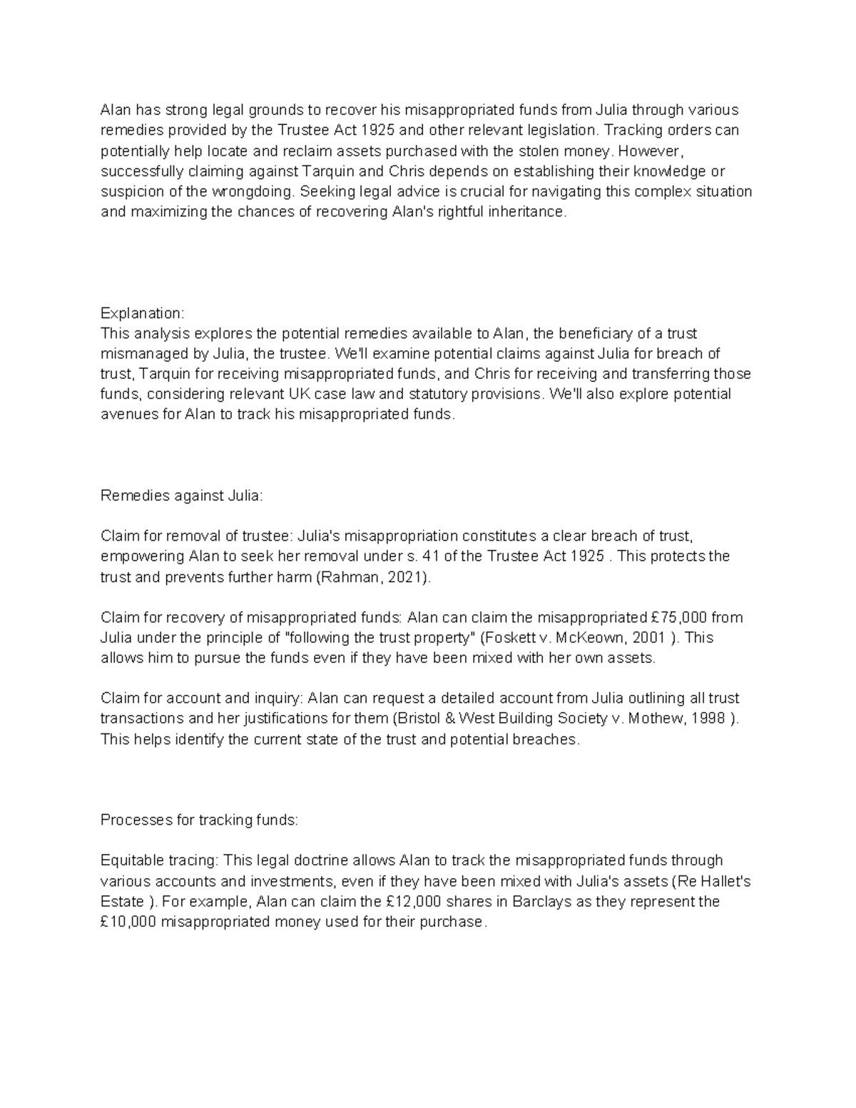 Alan (Case Law) - ddddddddd - Alan has strong legal grounds to recover ...