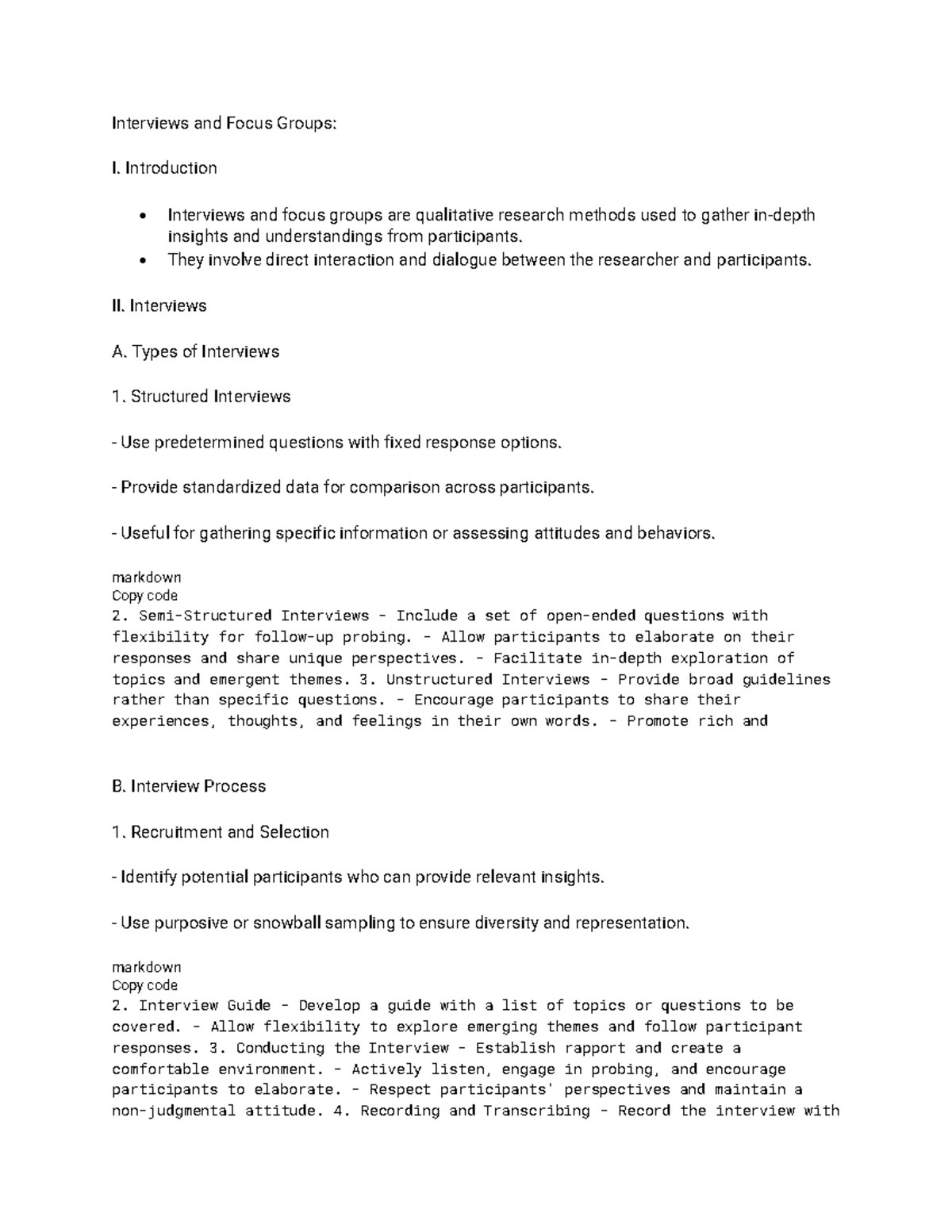 Interviews and Focus Groups notes - Interviews and Focus Groups: I ...