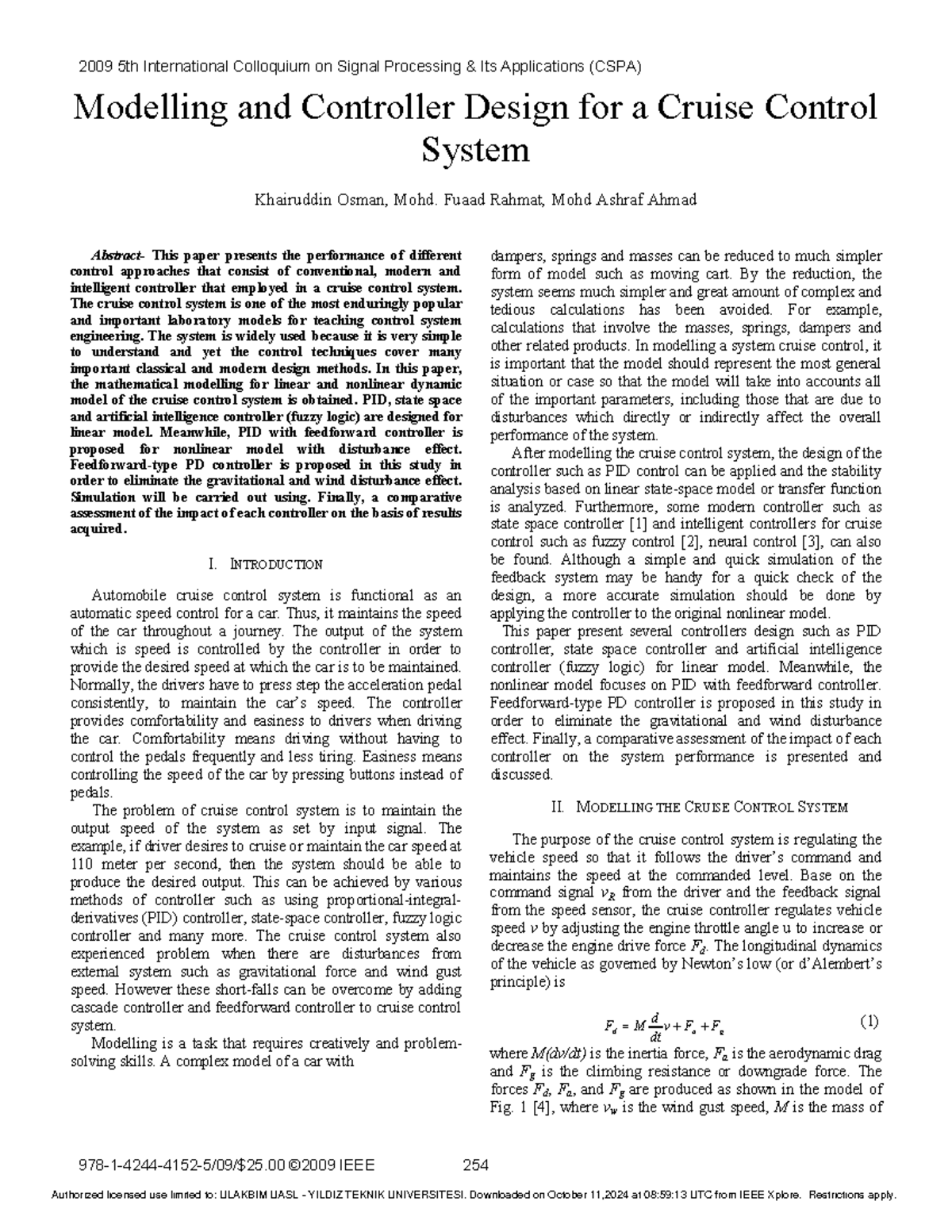 Ieeemodelling and controller design for a cruise control system ...