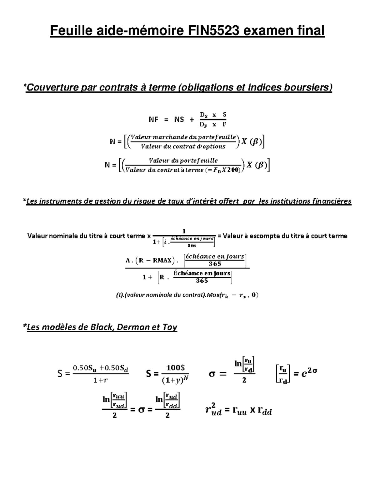 Formules aide-m Ã©moire Examen final FIN5523 Hiver 2022-2 - Feuille aide-mémoire FIN5523 examen ...