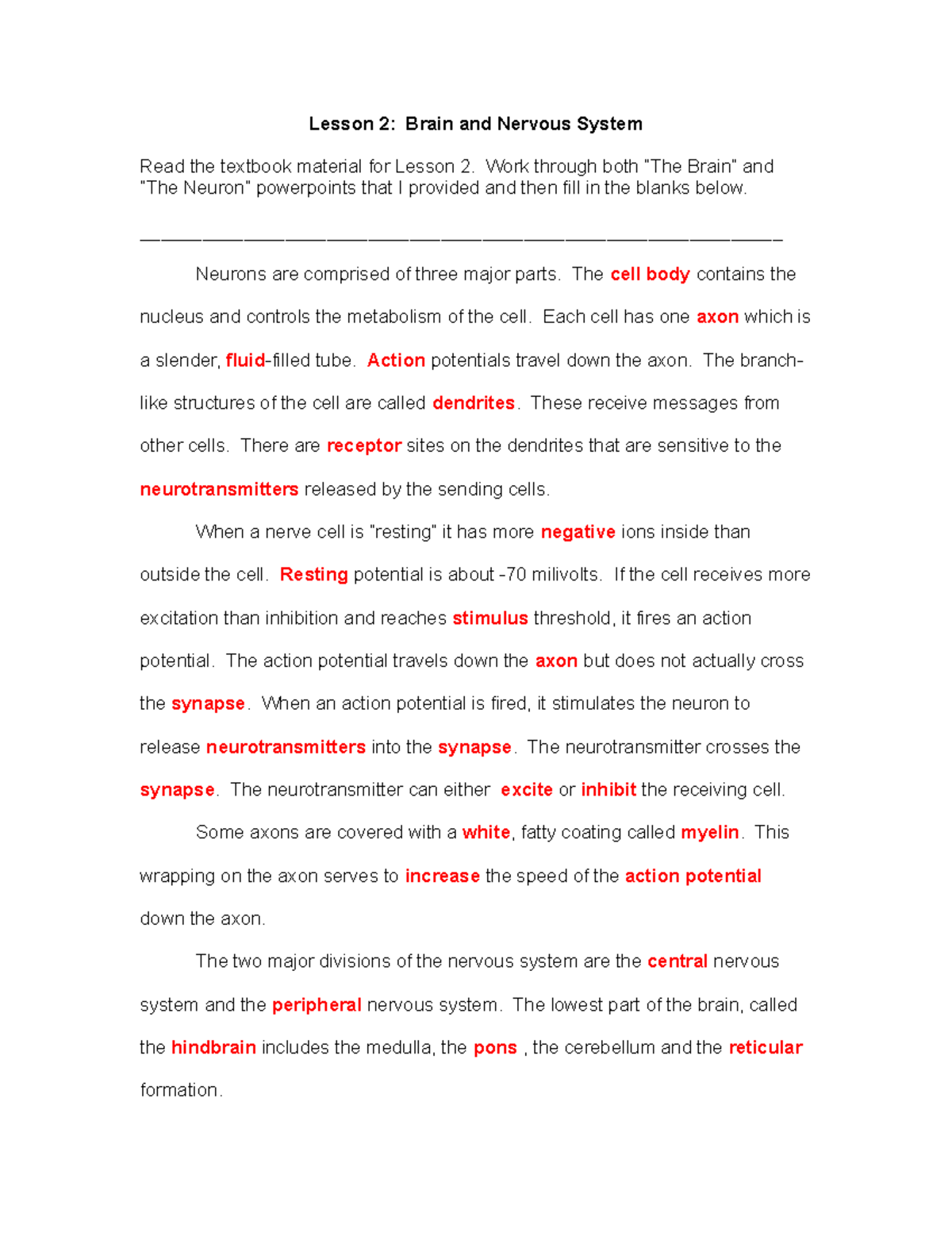 Brain and NS Worksheet key - Lesson 2: Brain and Nervous System Read ...