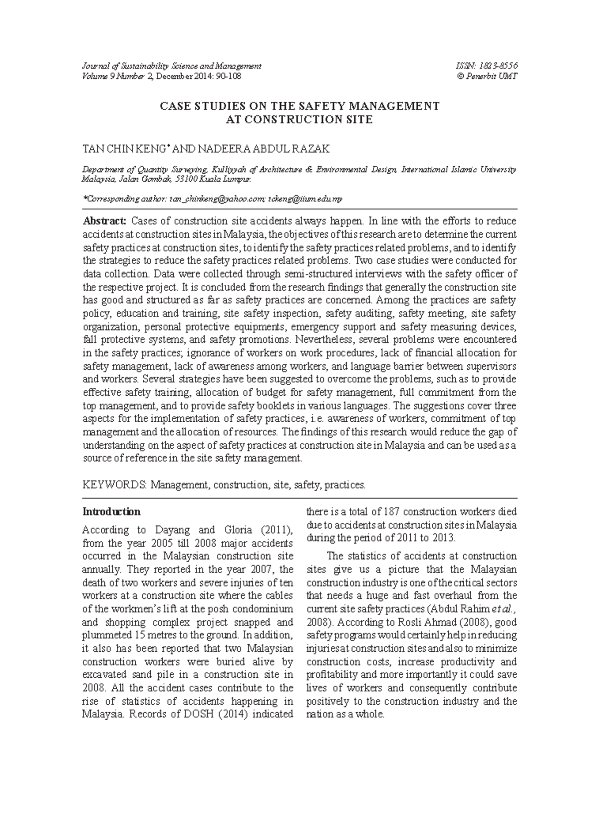 Safty management case study - Journal of Sustainability Science and ...