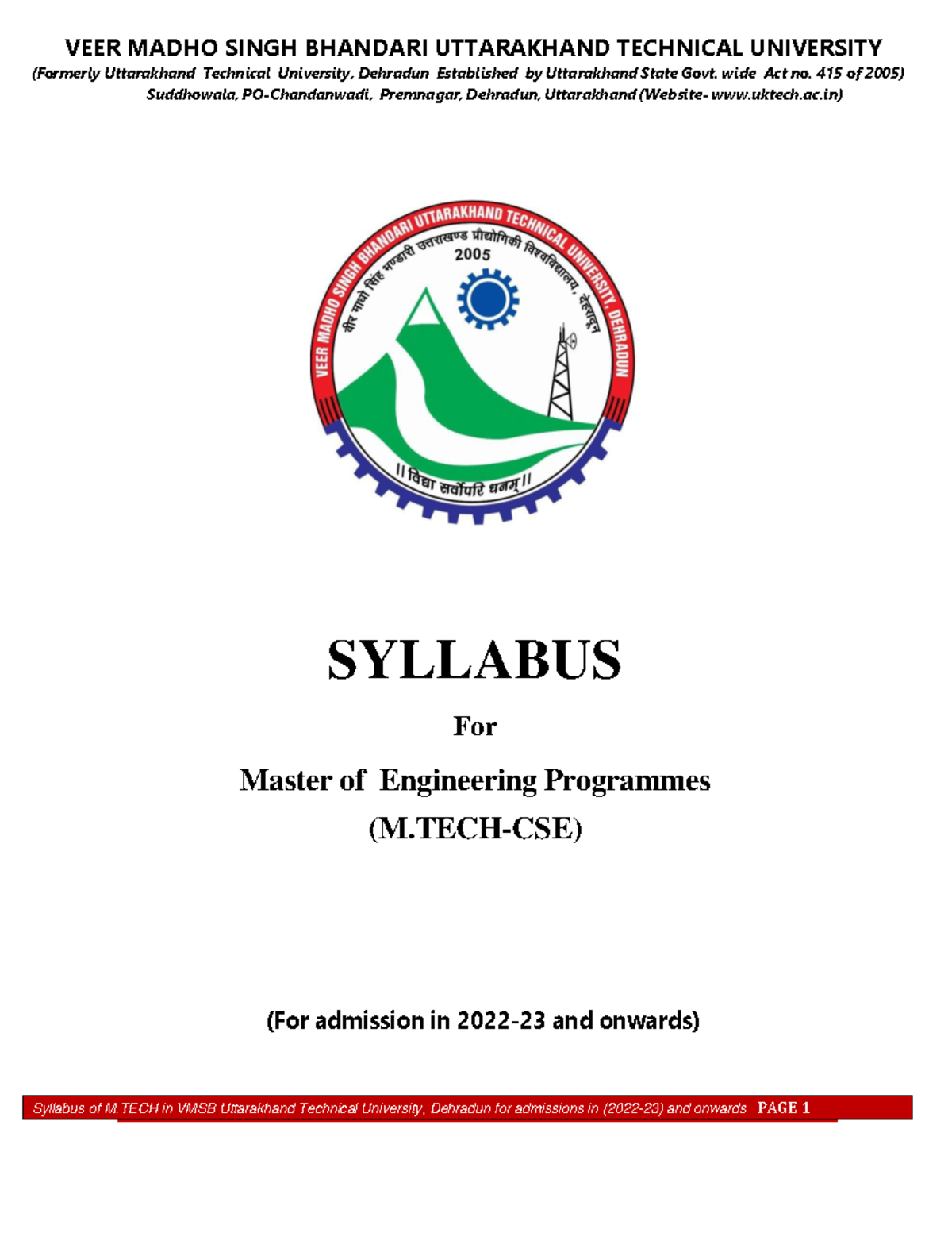 M.TECH CSE Syllabus - VEER MADHO SINGH BHANDARI UTTARAKHAND TECHNICAL UNIVERSITY (Formerly - Studocu