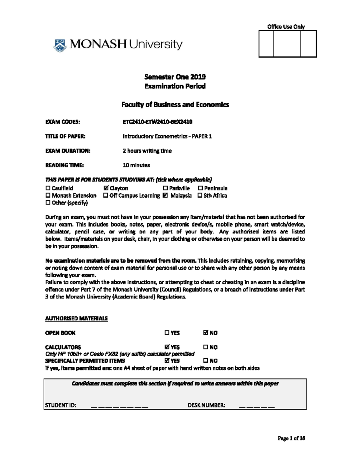 Test stat final - ETC2410 - Monash - Studocu