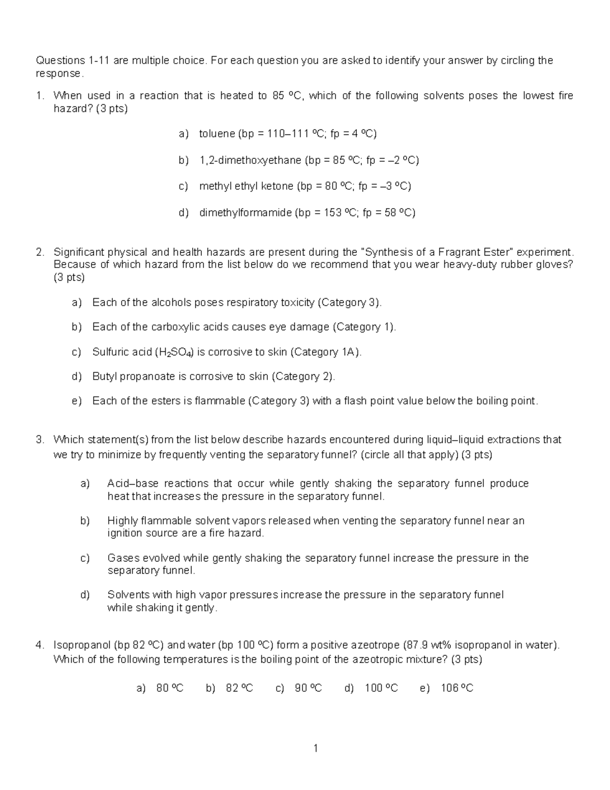 Chemistry lab organic - 1 Questions 1 - 11 are multiple choice. For ...