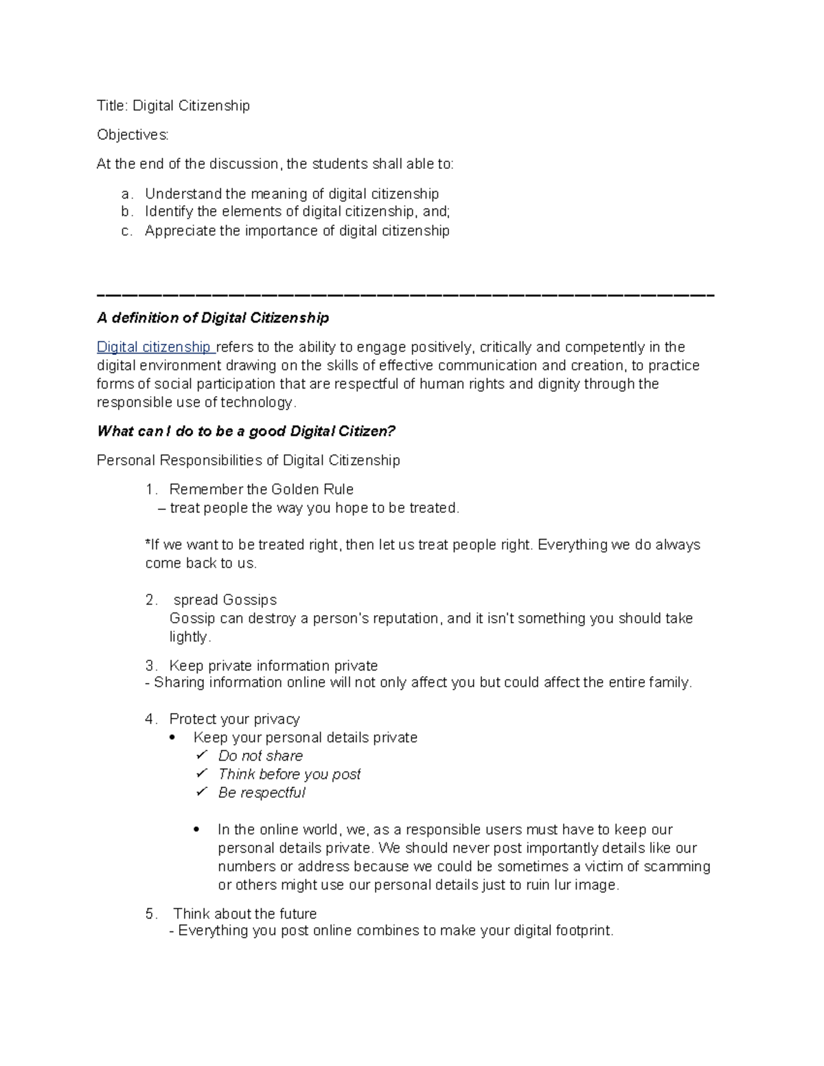 Adorable - lecture notes for students - Title: Digital Citizenship ...