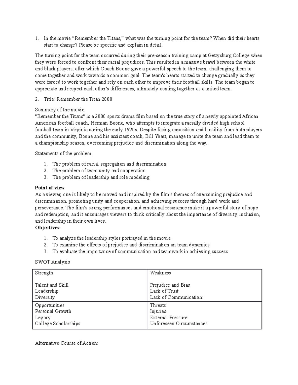 Remember the titans Case Study - In the movie “Remember the Titans ...
