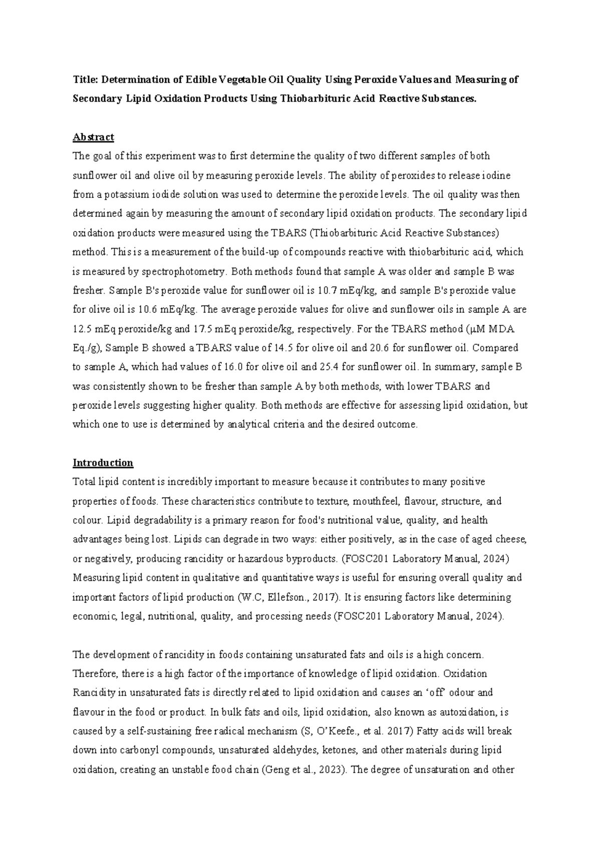 Laboratory 2 report - Title: Determination of Edible Vegetable Oil ...