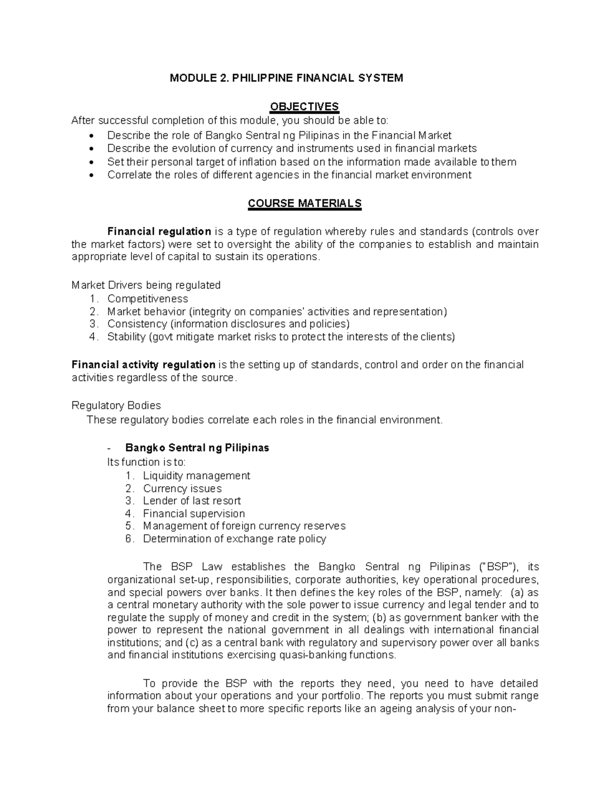 Module 2 and assignment - MODULE 2. PHILIPPINE FINANCIAL SYSTEM ...