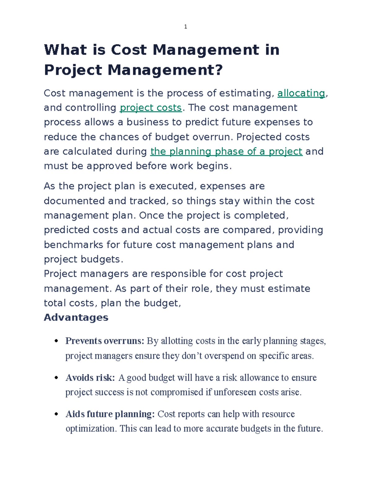 Cost Management In Project Management 1 What Is Cost Management In