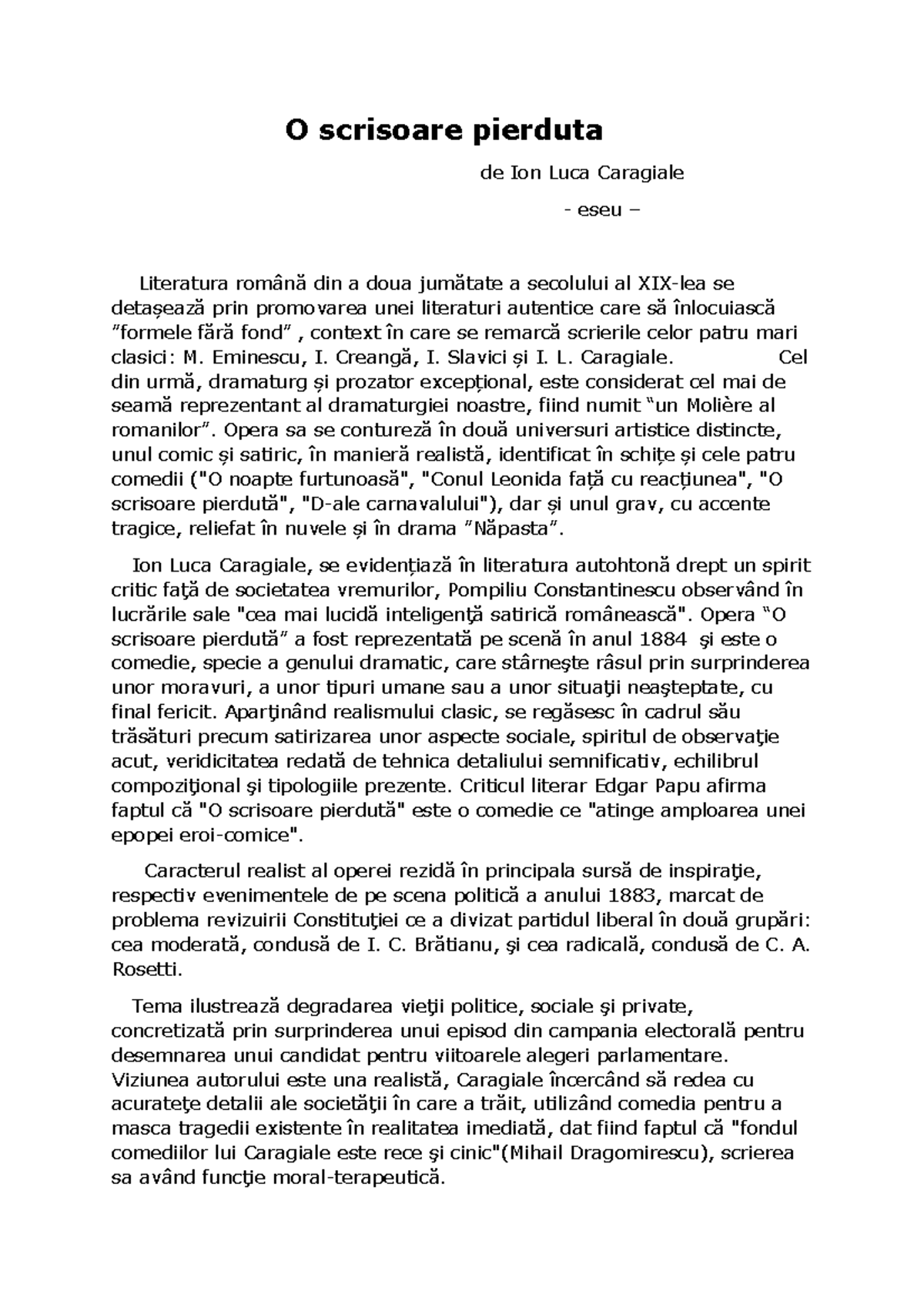 O scrisoare pierduta - eseu - O scrisoare pierduta de Ion Luca ...