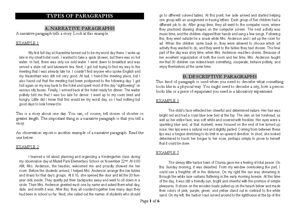 Essay Writing Introduction numbered - TYPES OF PARAGRAPHS A. NARRATIVE ...