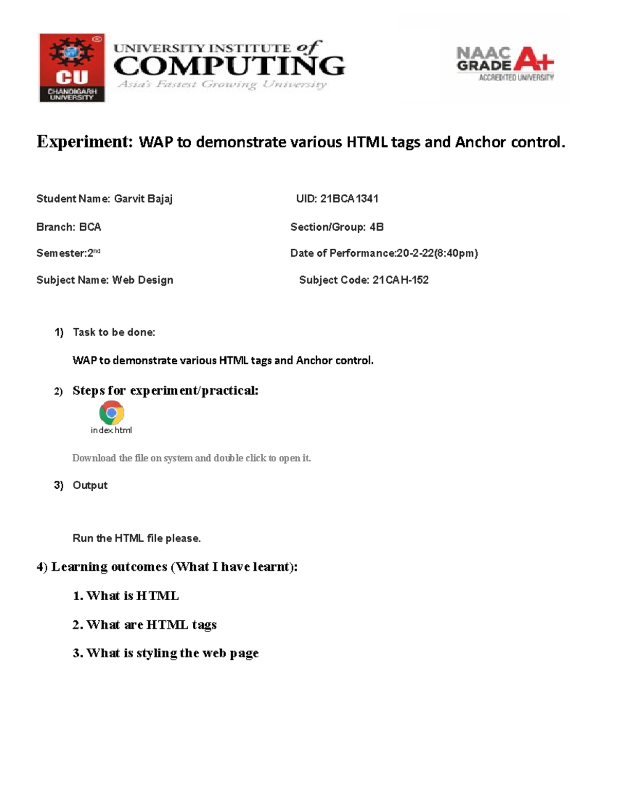 Worksheet 1.1 contains basics of the course. - Experiment: WAP to demonstrate various HTML tags ...