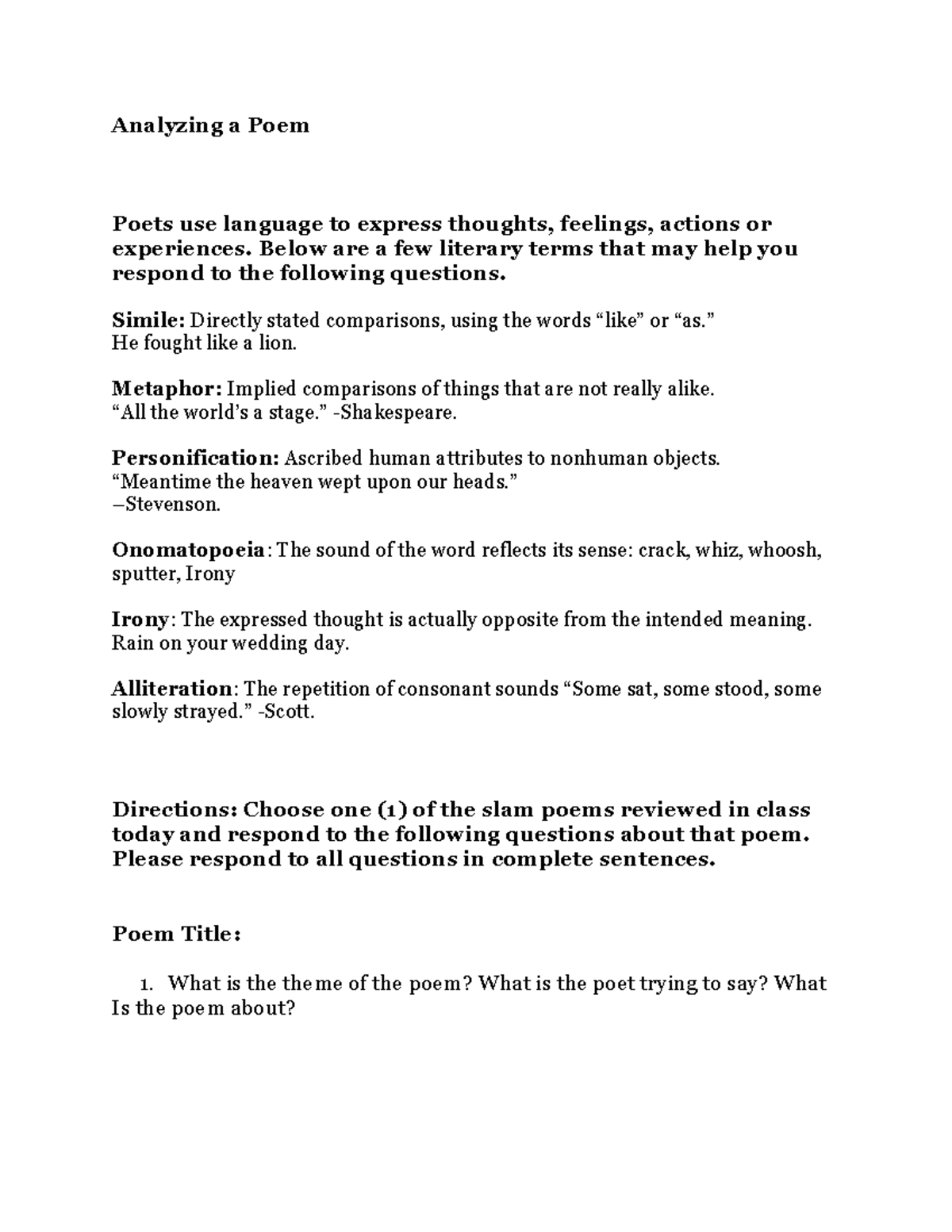 Copy of Freshmen Analyzing a Poem - Analyzing a Poem Poets use language ...