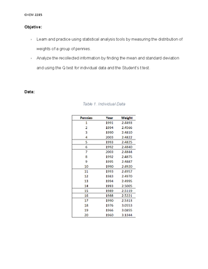 Lab 1 pennies - Objectives: Learn and practice using statistical ...