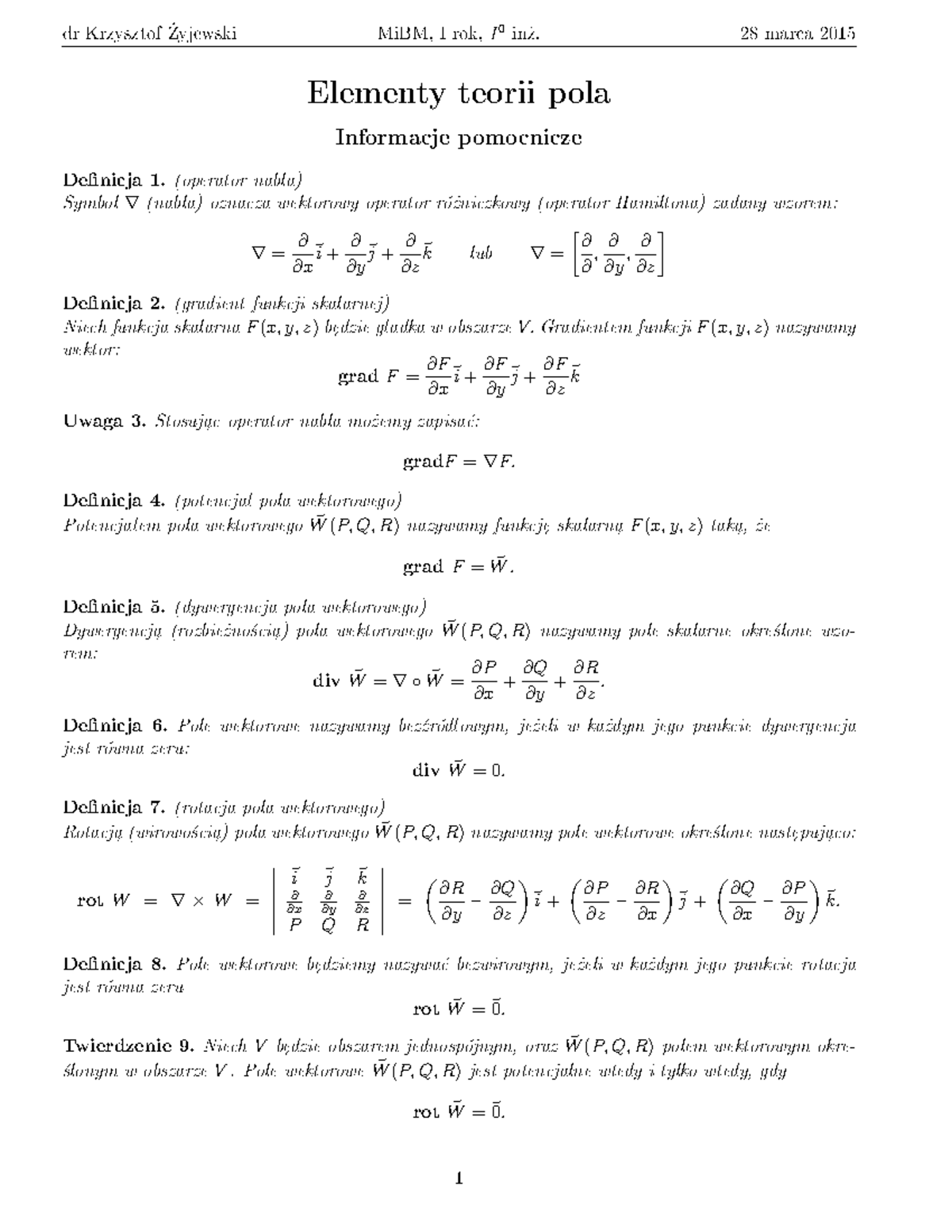 Elementy teorii pola - Fizyka - wykłady - PUT - StuDocu