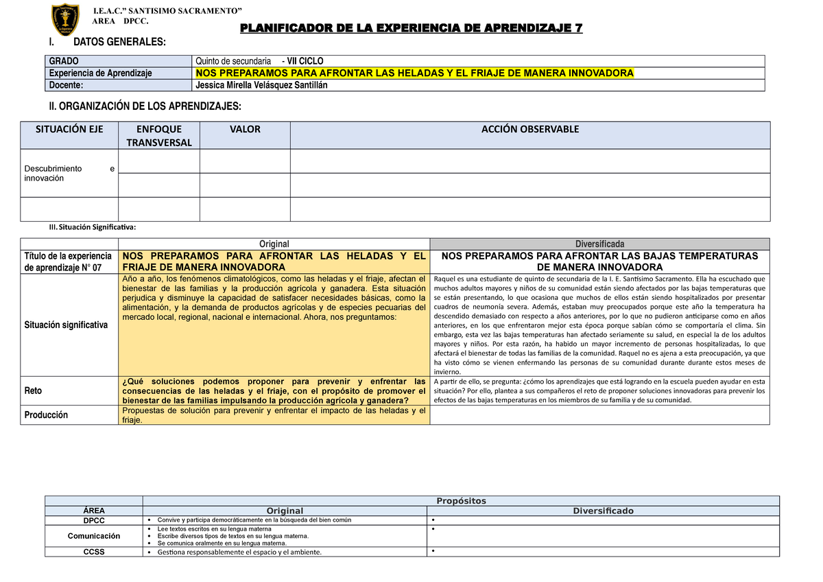 Experiencia 7 Planificador DE LA Experiencia DE Aprendizaje - Quinto DE Secundaria ...