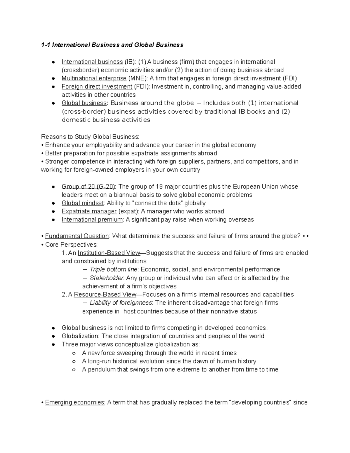 IB Ch 1 - international business chapter one notes - 1-1 International ...