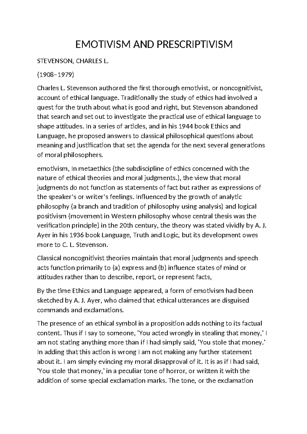 Emotivism - Summary bechelor of art philosophy honours - EMOTIVISM AND ...