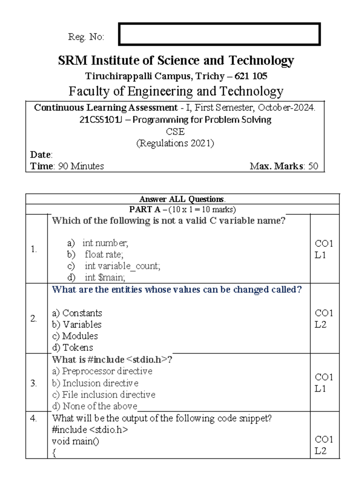 PPS CLA-Set1 - practice material - Reg. No: SRM Institute of Science ...