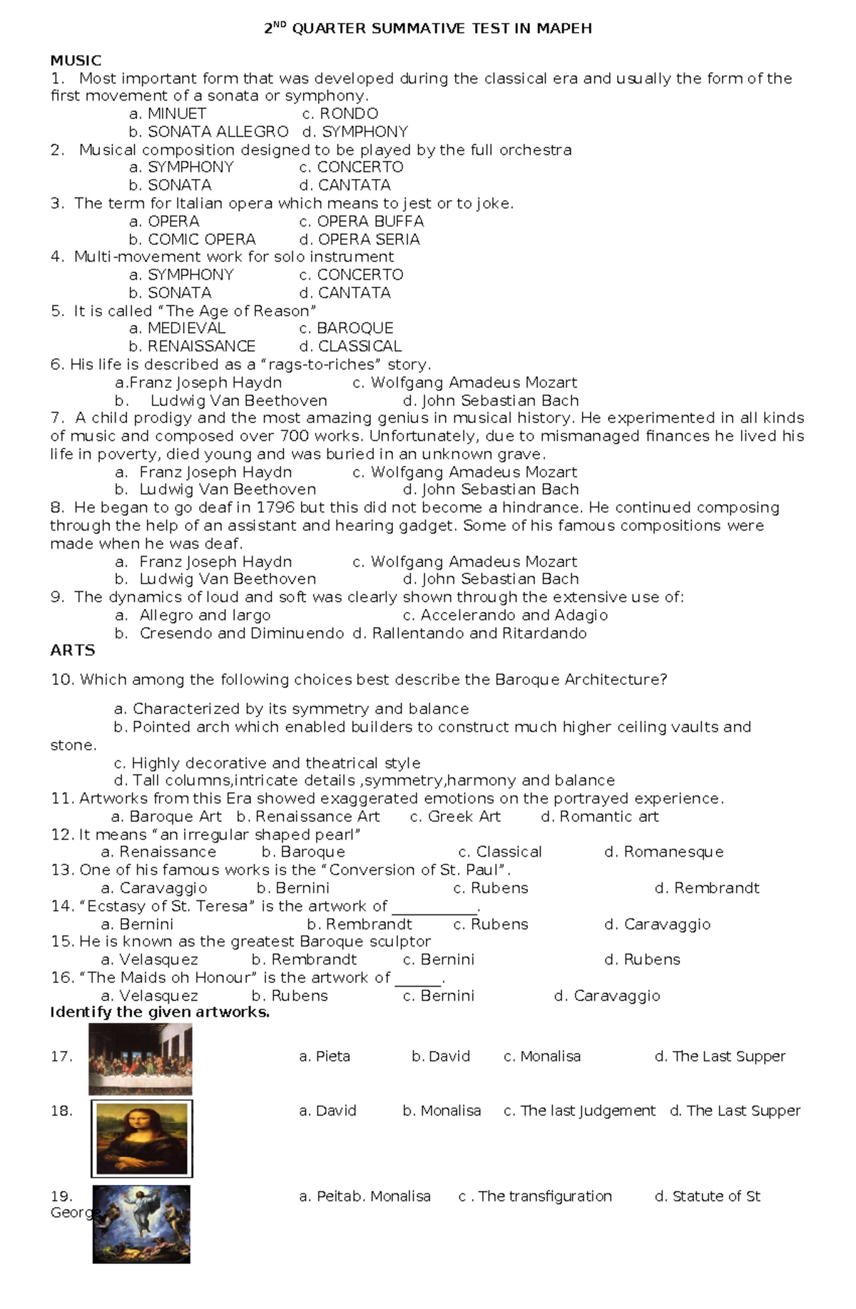 2ND QTR summative - 2 ND QUARTER SUMMATIVE TEST IN MAPEH MUSIC 1. Most ...