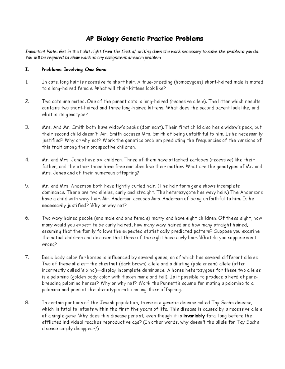 Sample/practice exam - AP Biology Genetic Practice Problems Important ...