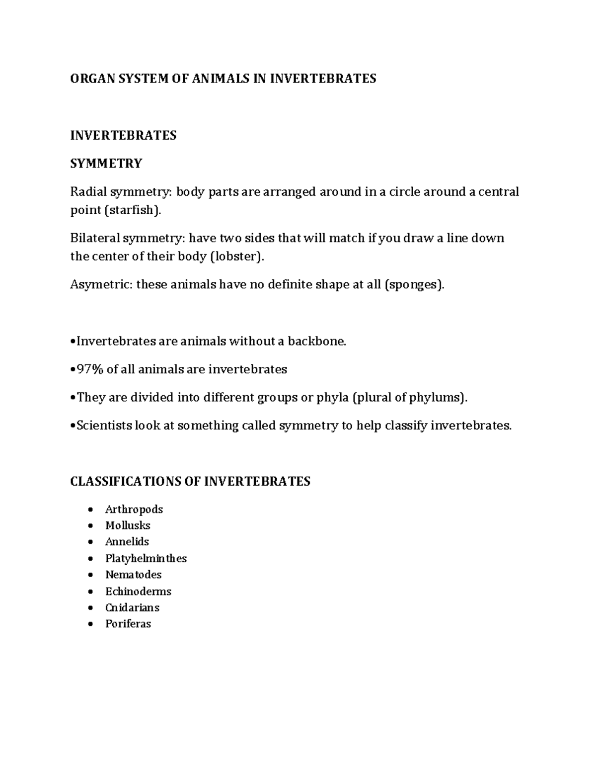 Organ System of Animals in Invertebrates - BS Biology - Studocu