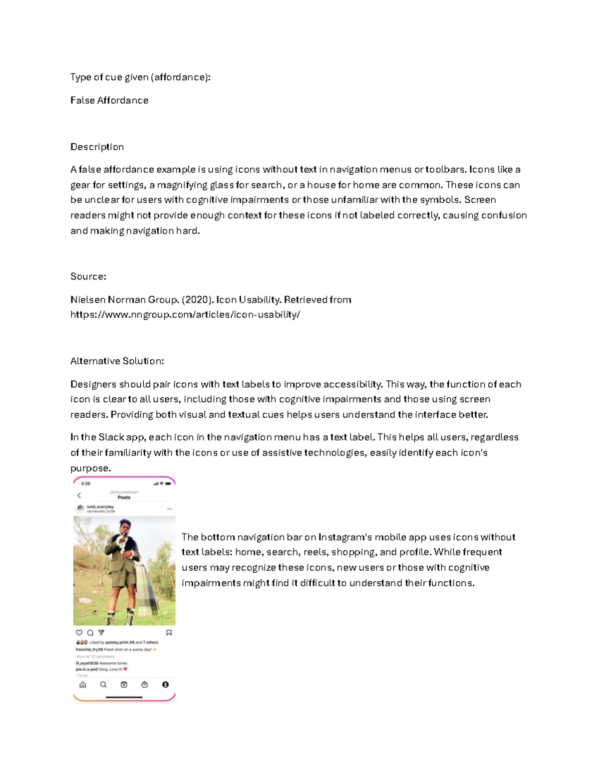Class Activity 1 - Type of cue given (affordance): False Affordance ...