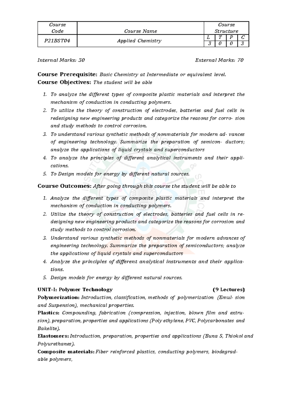 Chemistry - Course Objectives: The student will be able 1. To analyze ...