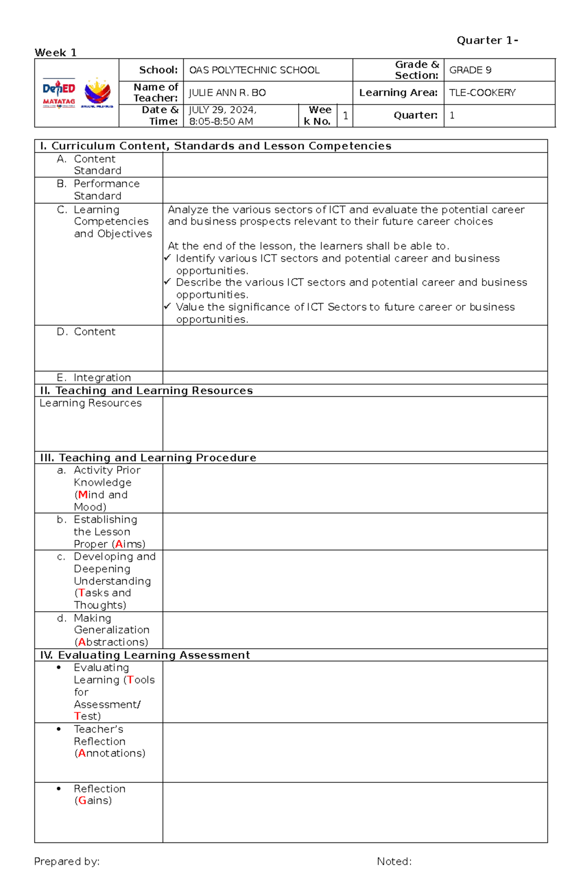 DLL TLE 9&10 - DLL - Quarter 1- Week 1 School: OAS POLYTECHNIC SCHOOL ...