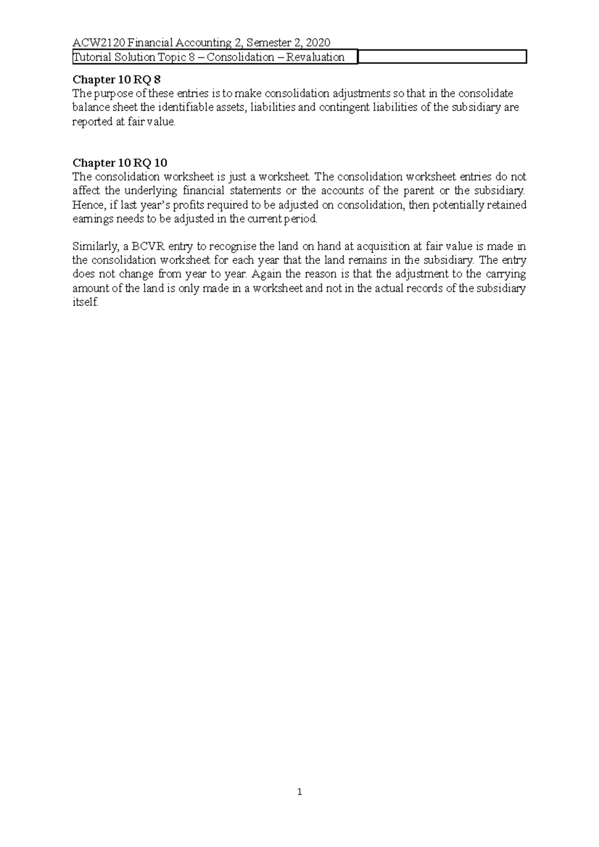 Tute 8 - tutorial question and solution - Tutorial Solution Topic 8 ...