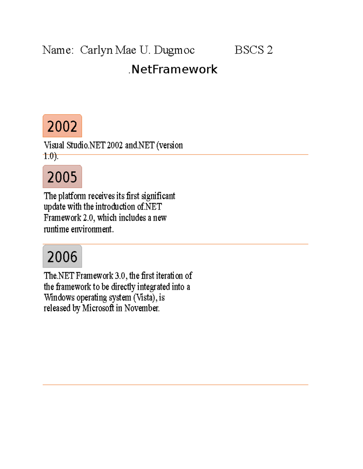 Carl Net Frame Work - Name: Carlyn Mae U. Dugmoc BSCS 2 .NetFramework ...