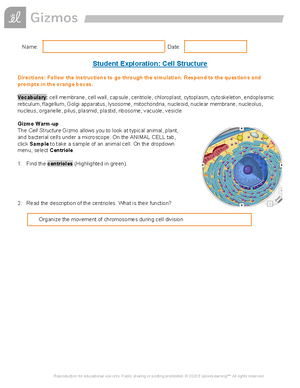 Cell Structures Gizmo Updated - Name: Date: Student Exploration: Cell ...