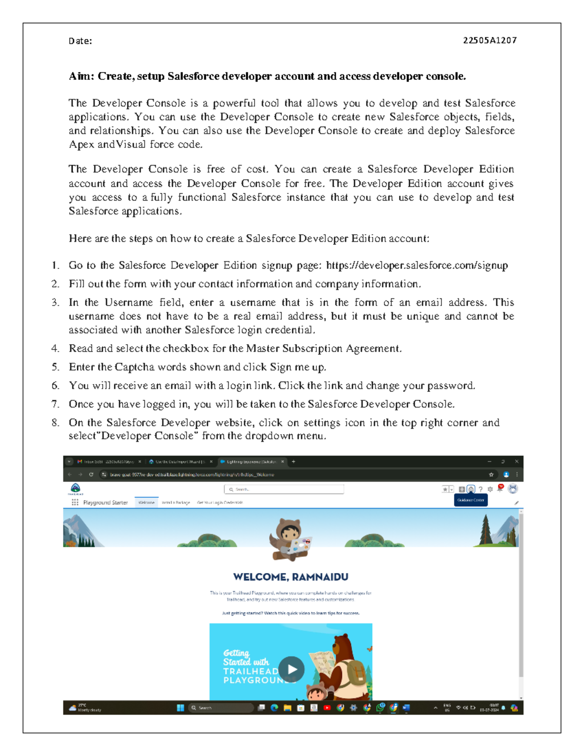 Salesforce lab 1(le 3) - Date: 22505 A 1207 Aim: Create, setup ...