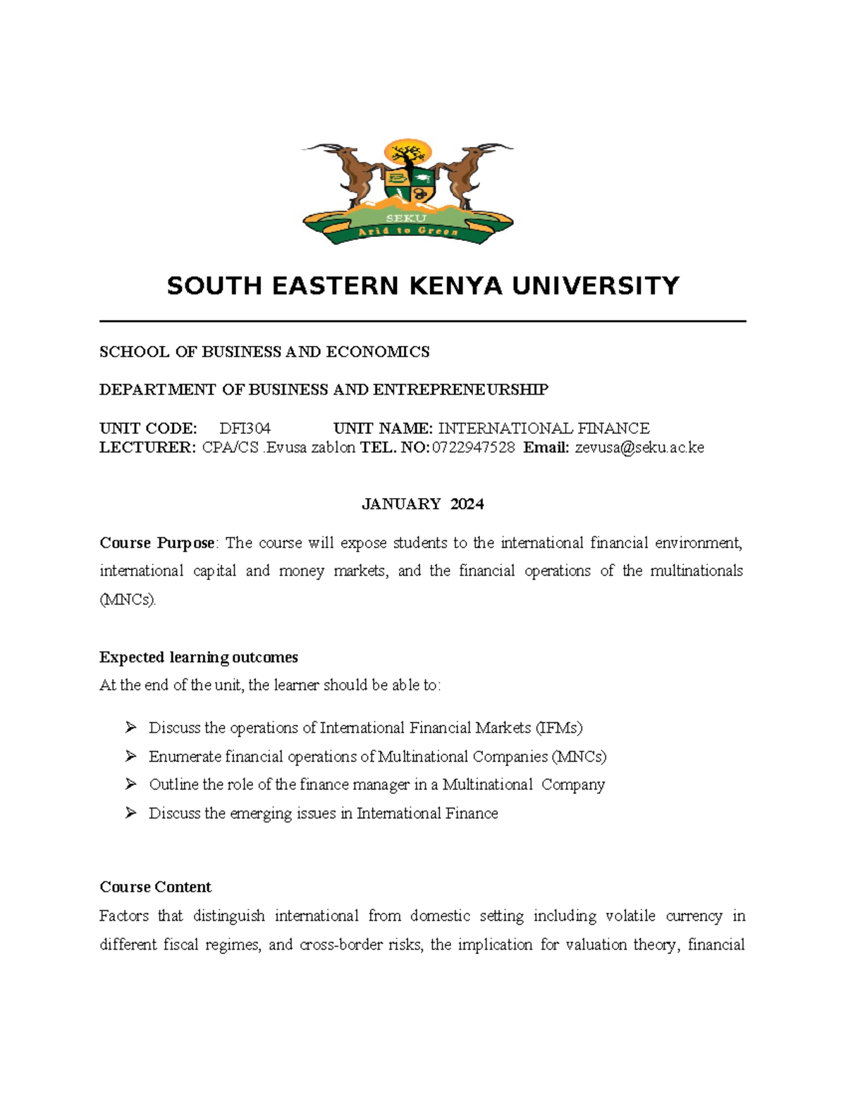 DFI 304 - outliner - SOUTH EASTERN KENYA UNIVERSITY SCHOOL OF BUSINESS ...