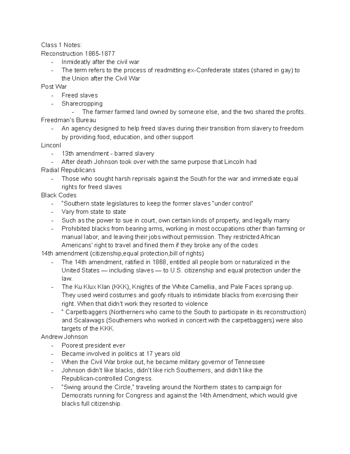 History 2112 Notes - Class 1 Notes: Reconstruction 1865- Inmideatly ...