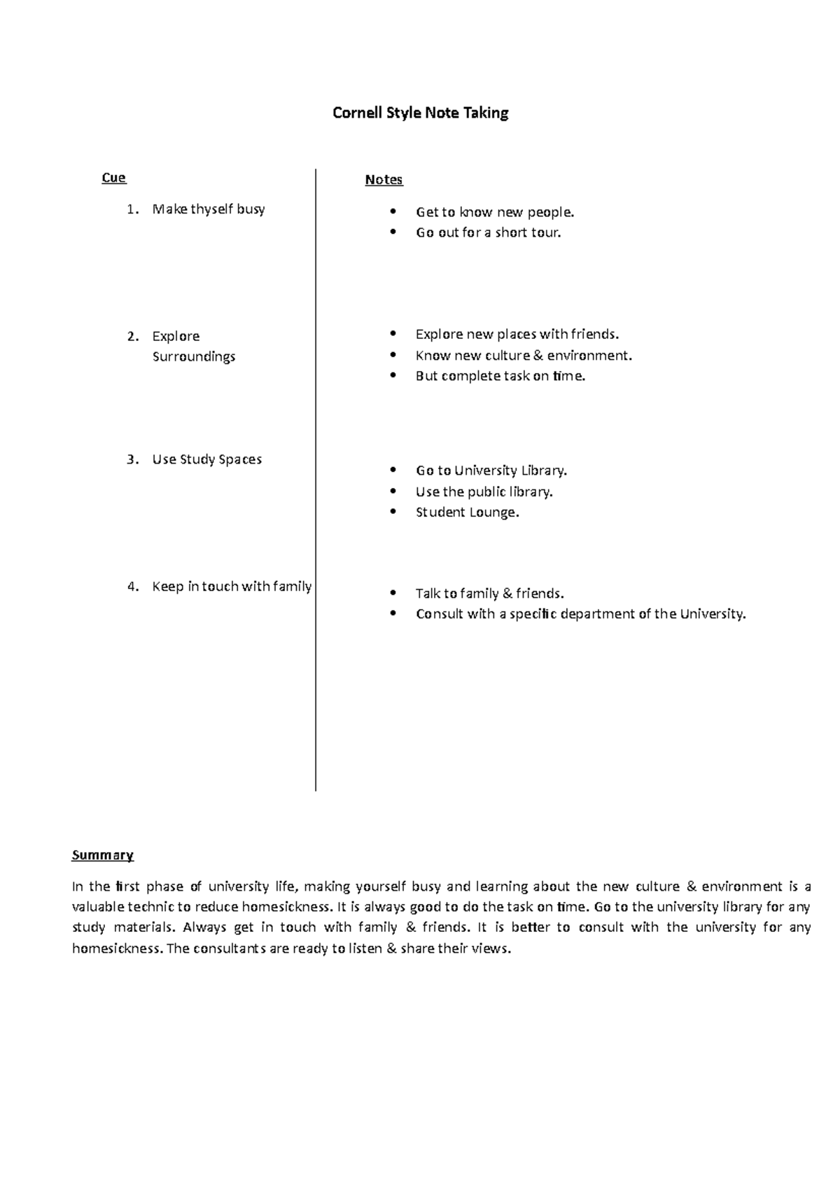Cornell Style Note Taking - Cornell Style Note Taking Cue 1. Make ...