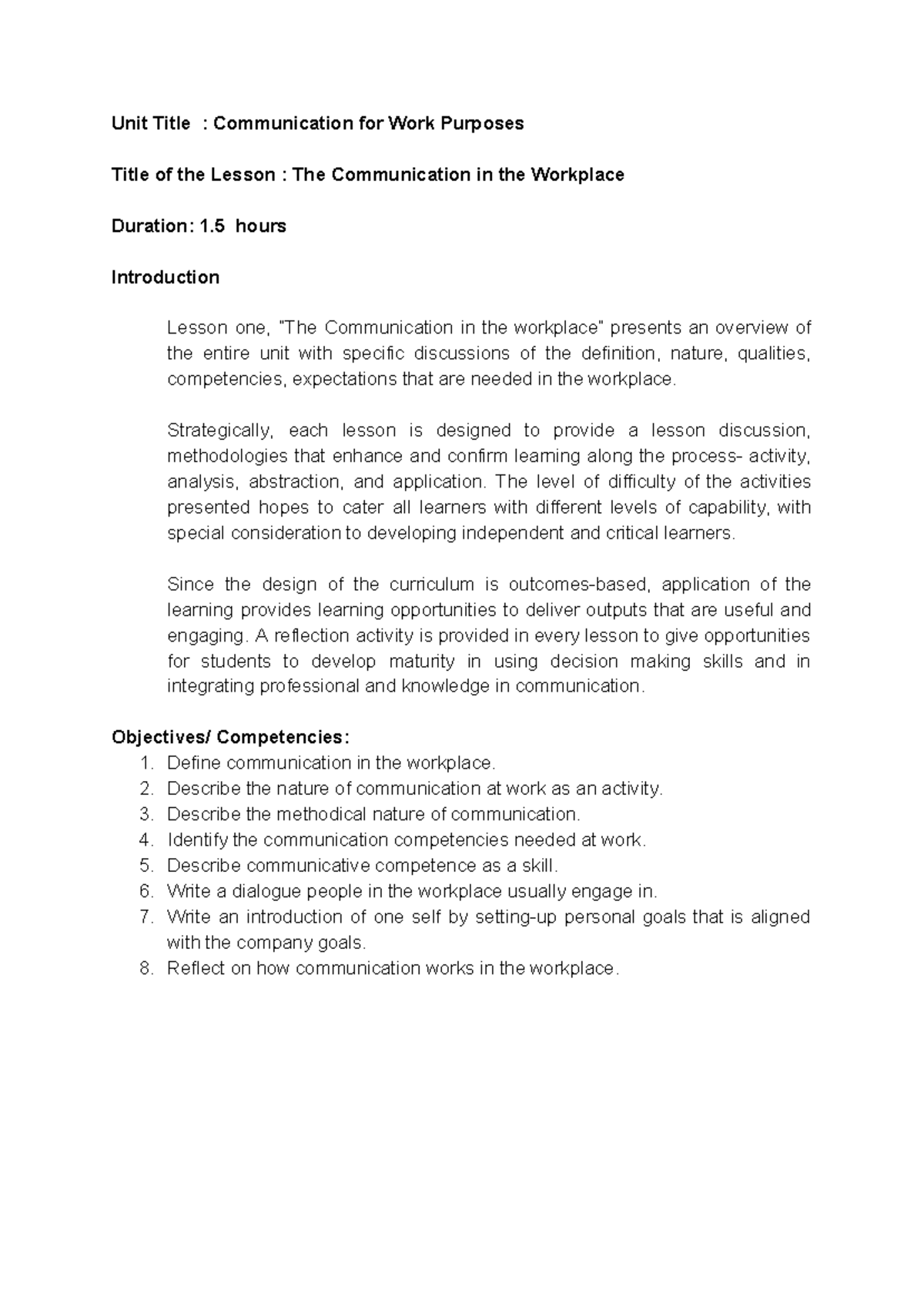 25 Unit-III-Lesson-1 - UNIT 3 LESSON 1 - Unit Title : Communication for ...