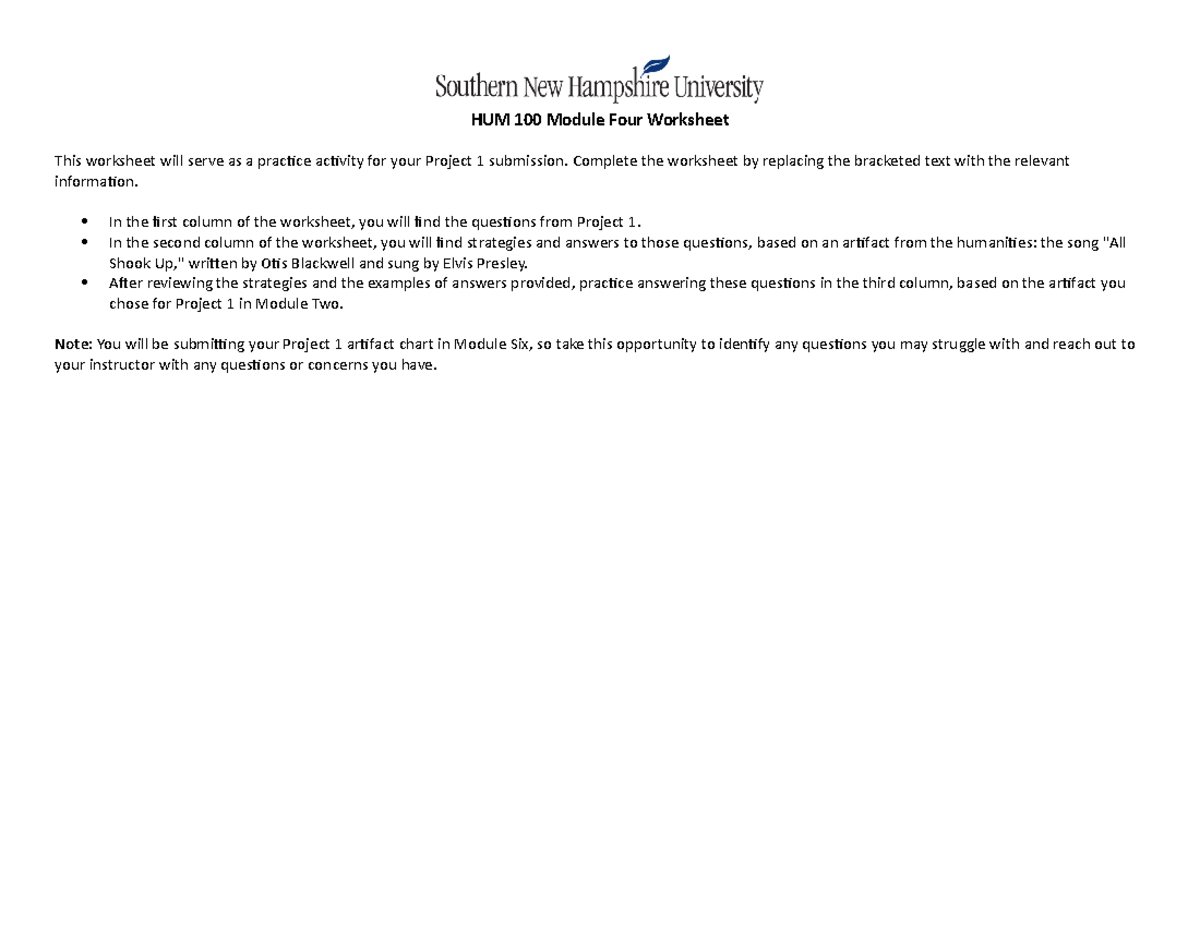 HUM 100 Module Four Worksheet - HUM 100 Module Four Worksheet This ...