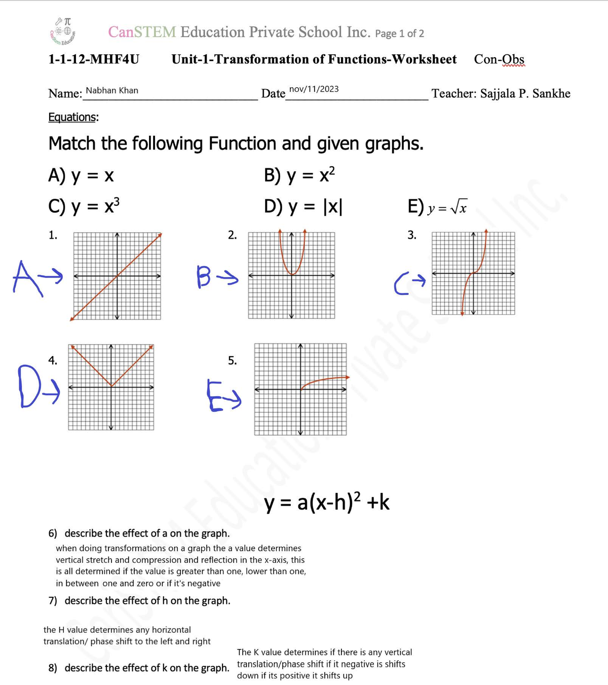 Unit one functiosn - functions sheet filled - T CanSTEM Education ...